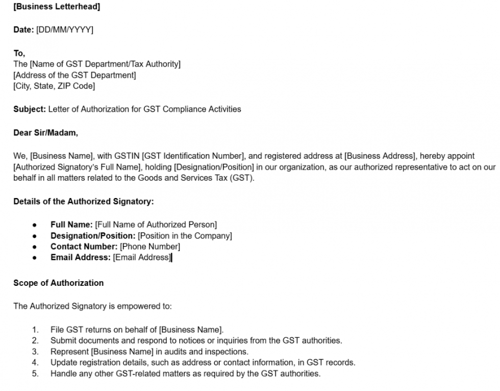 Letter of Authorization for GST: Purpose, use, format, & Importance